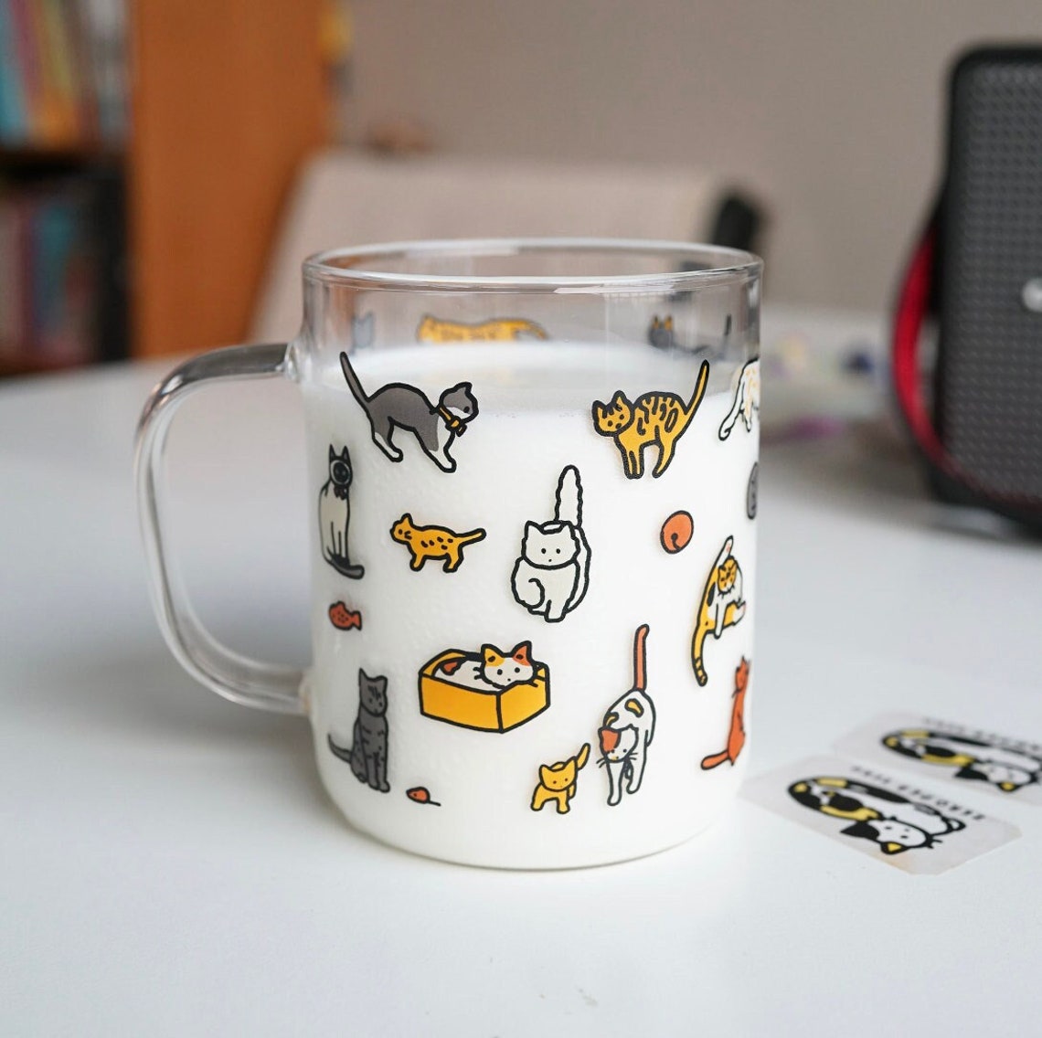 Playful Cats Glass Cup With Handle 14oz Mugs Featuring Different Cat ...