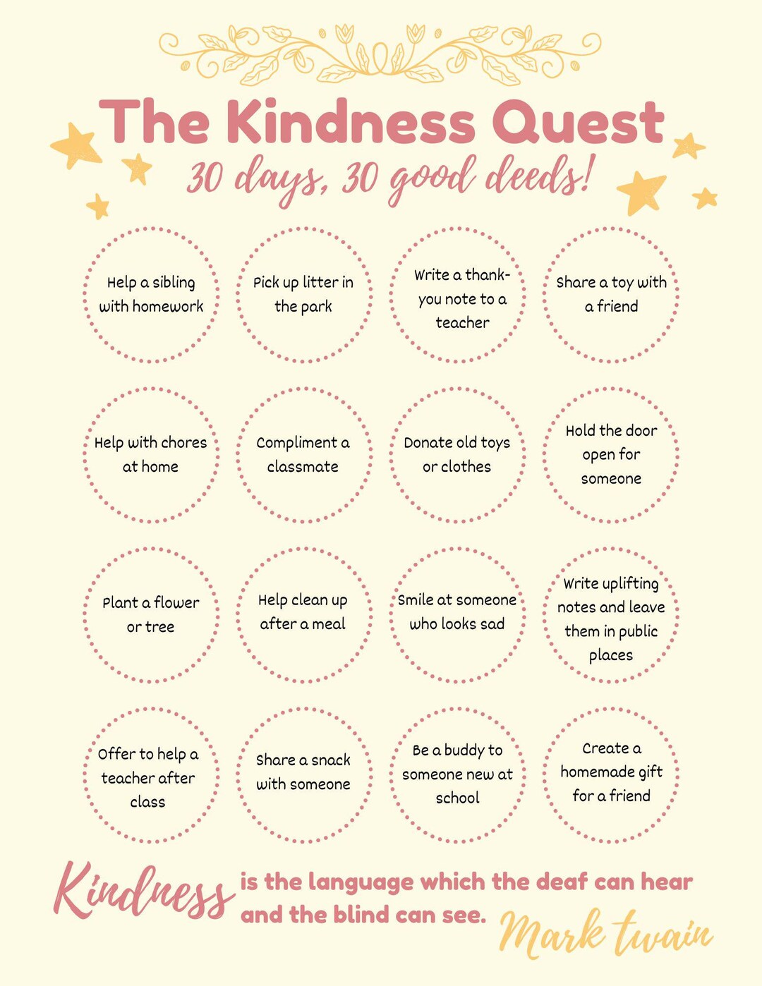 The Kindness Quest Printable Daily Kindness Challenge Template Gift for ...