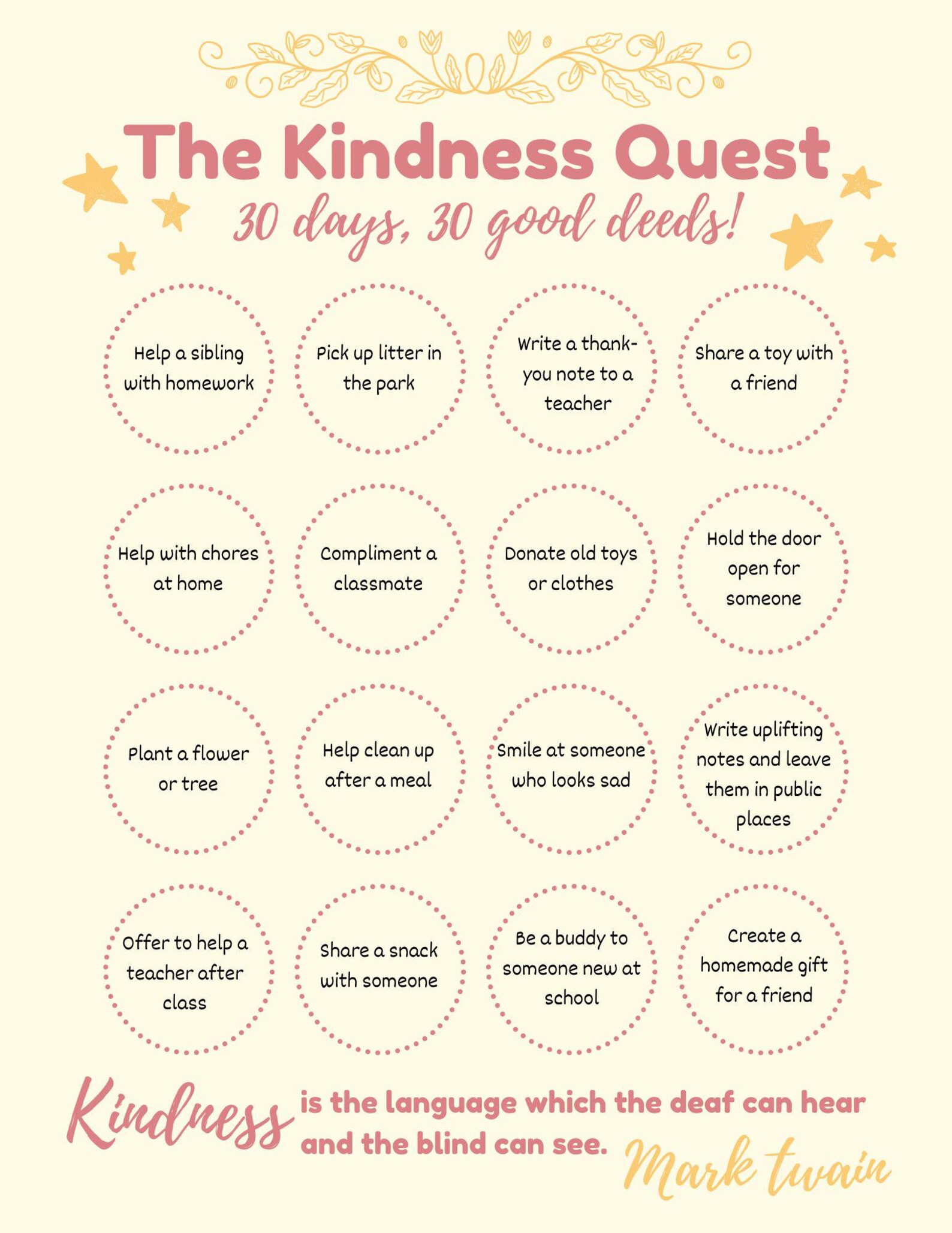 The Kindness Quest Printable Daily Kindness Challenge Template Gift for ...
