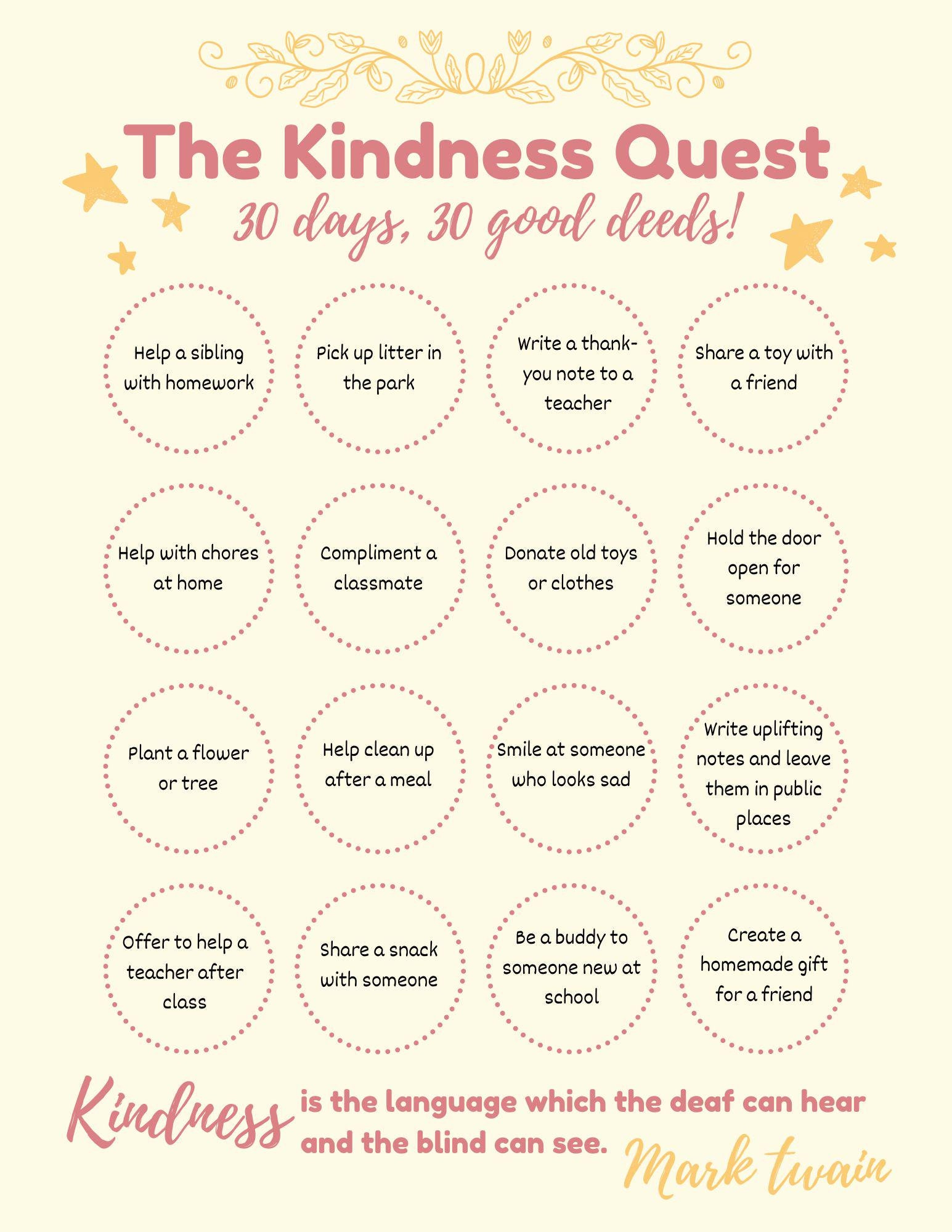 The Kindness Quest Printable Daily Kindness Challenge Template Gift for ...