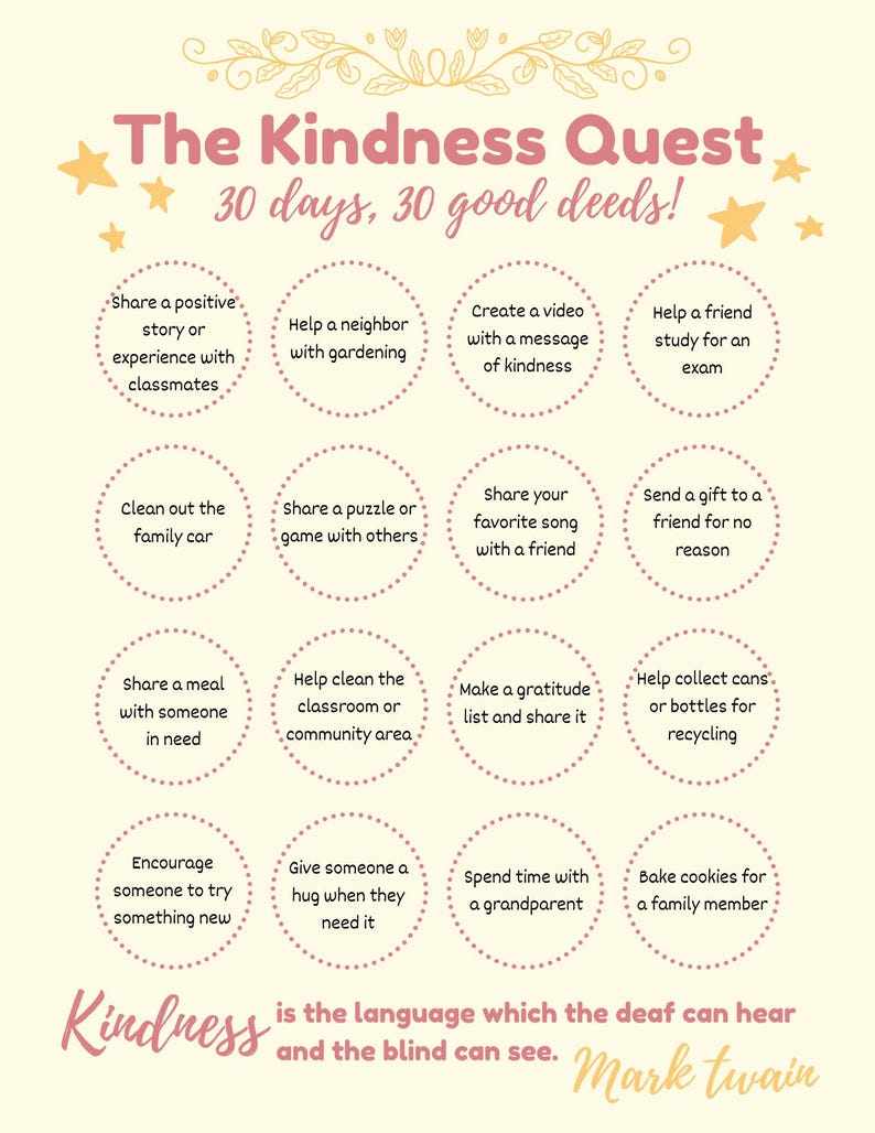 The Kindness Quest Printable Daily Kindness Challenge Template Gift for ...