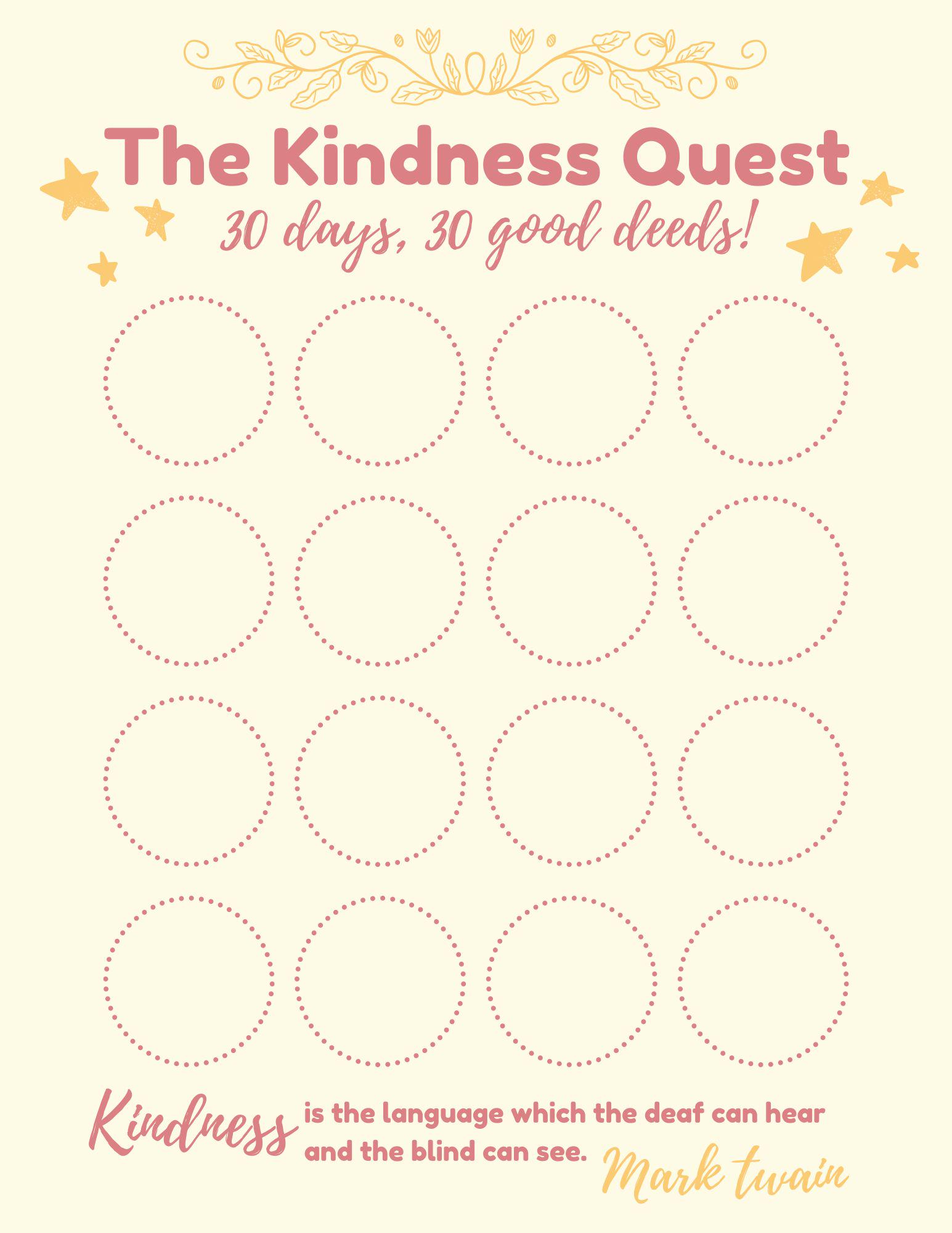 The Kindness Quest Printable Daily Kindness Challenge Template Gift for ...