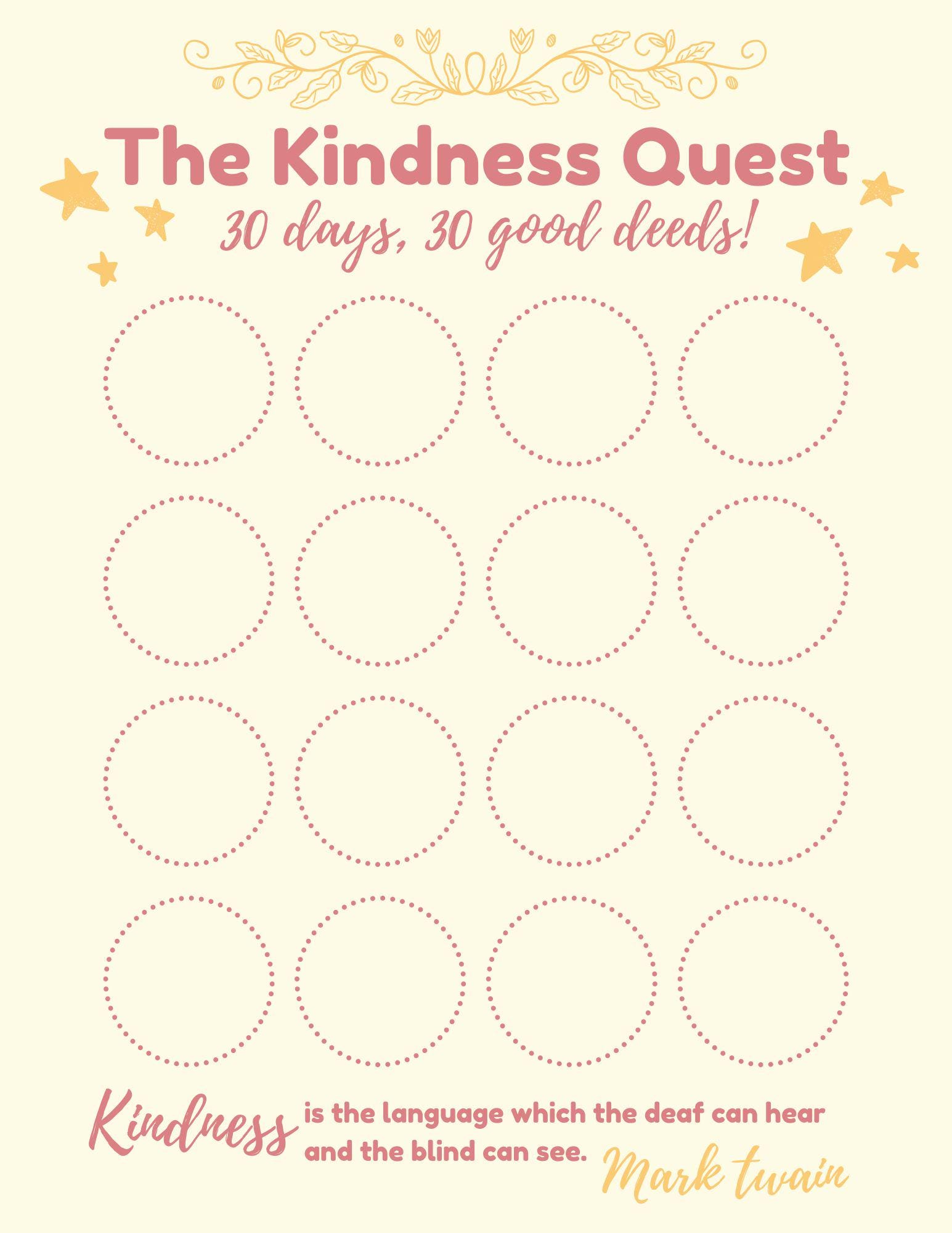 The Kindness Quest Printable Daily Kindness Challenge Template Gift for ...