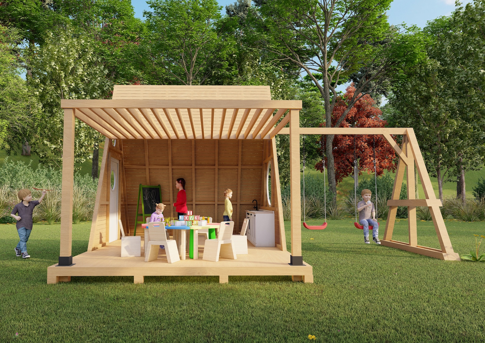 TRIANGLE PLAYHOUSE Plan, Playhouse Plans With Pergola and Swings for ...