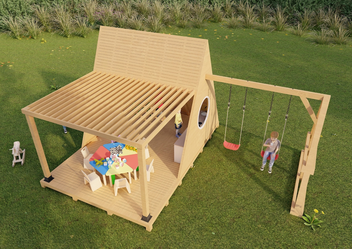 TRIANGLE PLAYHOUSE Plan, Playhouse Plans With Pergola and Swings for ...