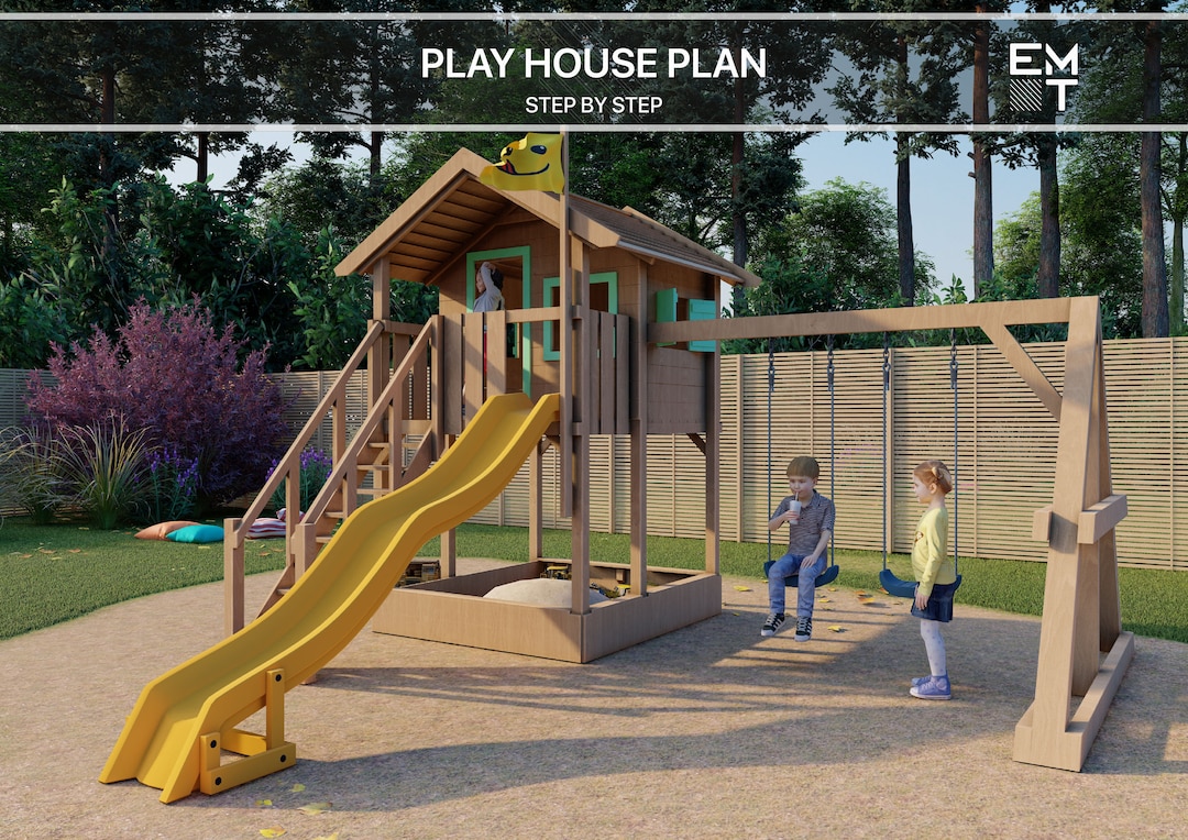Playhouse Build Plans for Kids, Playhouse Plan With Slide, Sandbox and ...