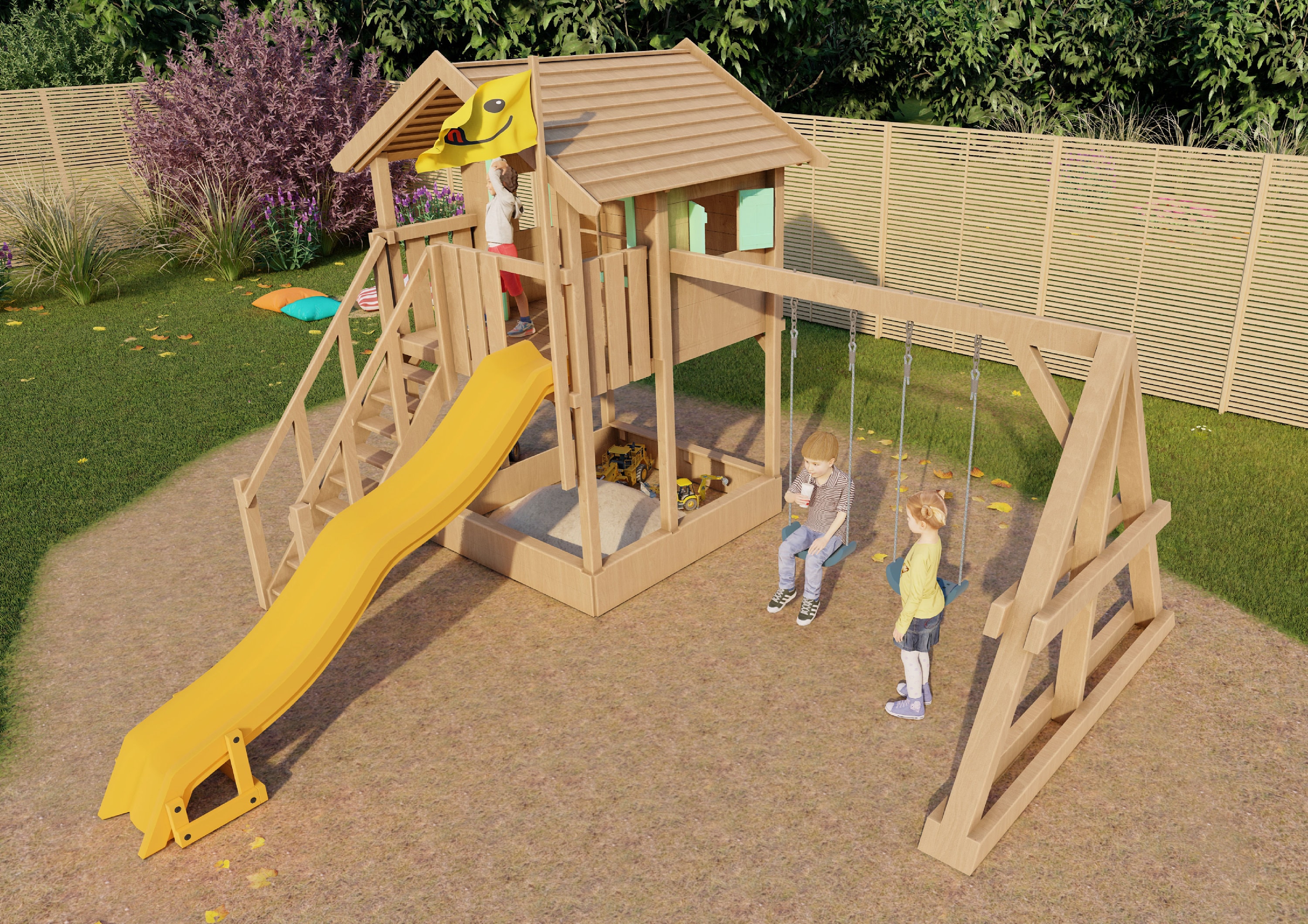 Playhouse Build Plans for Kids, Playhouse Plan With Slide, Sandbox and ...