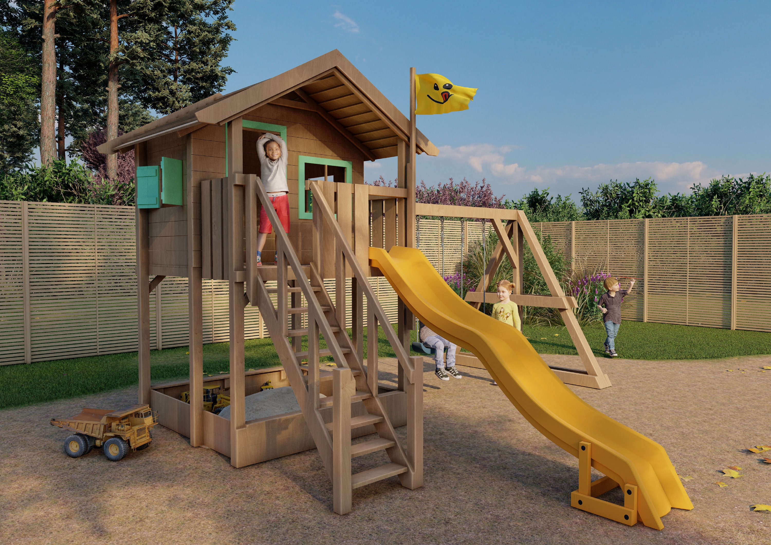 Playhouse Build Plans for Kids, Playhouse Plan With Slide, Sandbox and ...