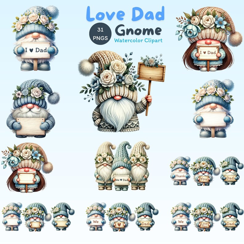 Watercolor Father's Day Gnome Clipart, Love Dad Gnome, Gnomes With ...