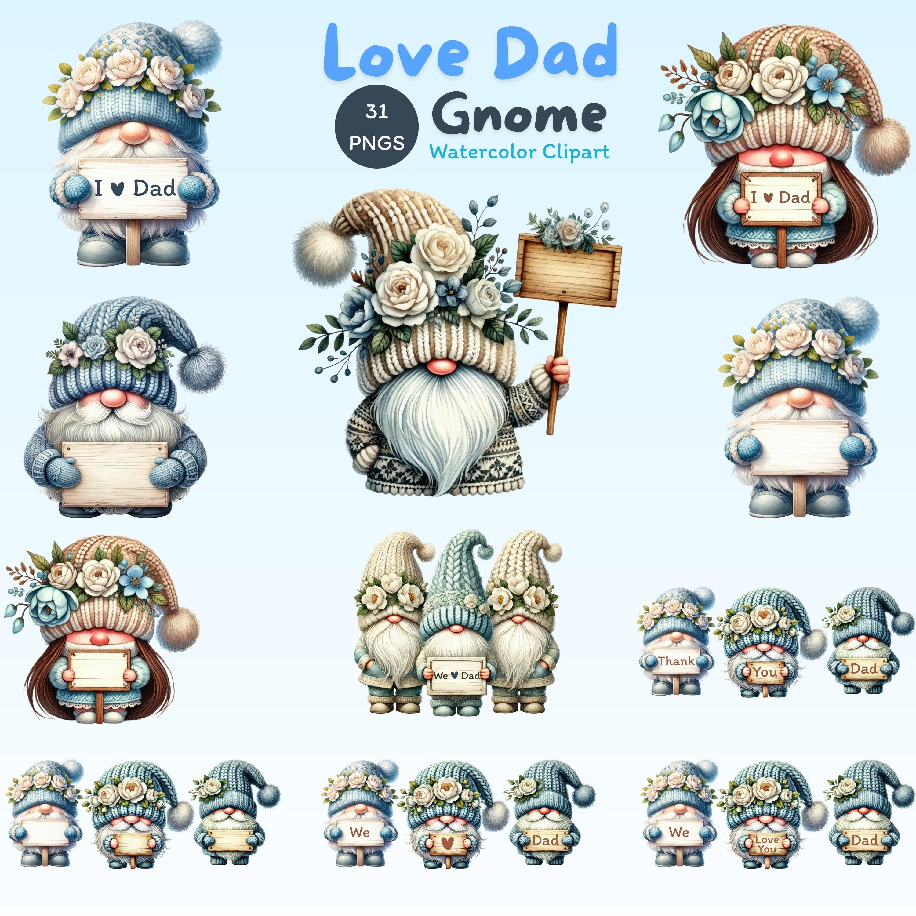 Watercolor Father's Day Gnome Clipart, Love Dad Gnome, Gnomes With ...