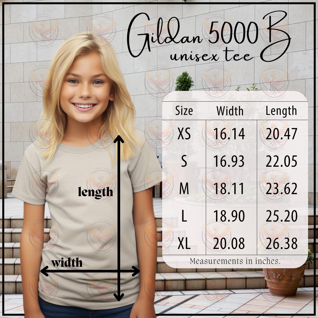 Gildan 5000B Kids Size Chart Mockup, Children's T-shirt Sizing Chart, Youth Shirt Size Chart ...