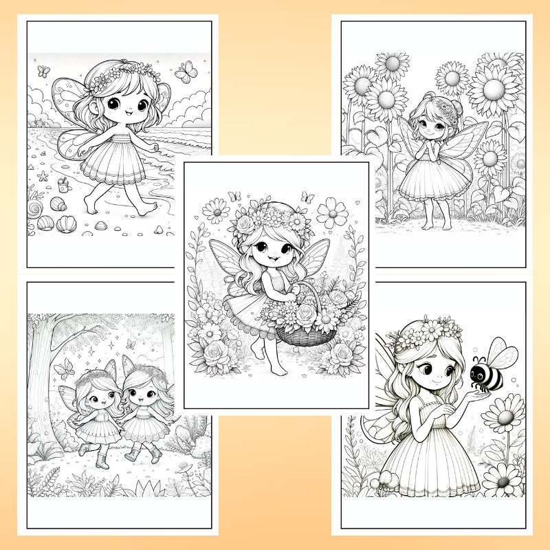 Easy Fairy Coloring Pages, Kids Floral Fairies Colorbook Sheets, Simple ...