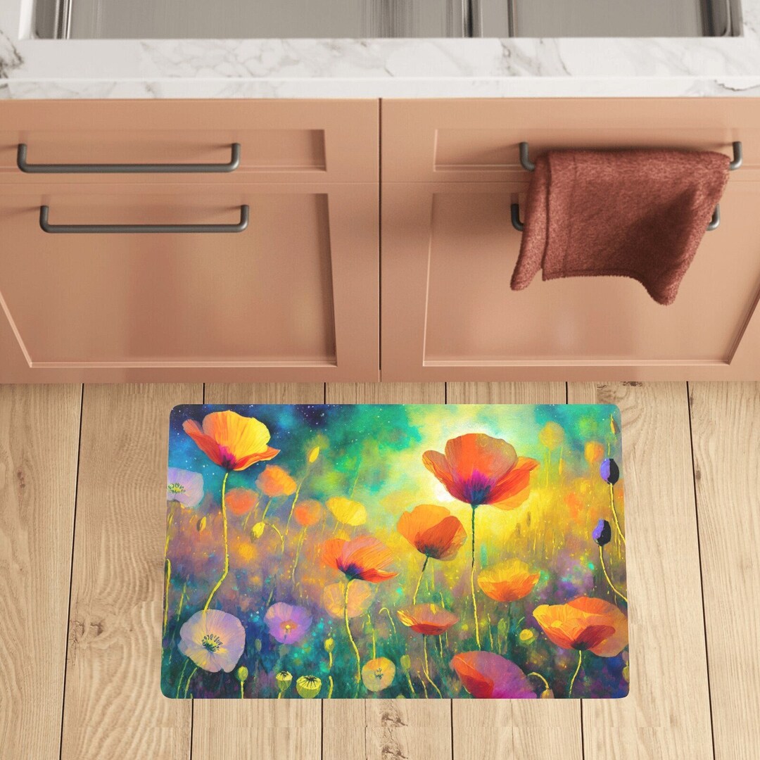 Vibrant Poppy Field Kitchen Mat, Colorful Floral Floor Rug, Non-slip ...