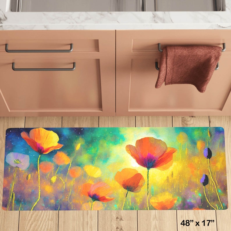 Vibrant Poppy Field Kitchen Mat, Colorful Floral Floor Rug, Non-slip ...