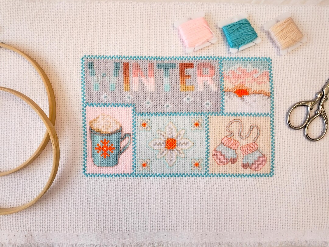 Winter Cross Stitch Pattern, Edelweiss, Gloves, Mug, Landscape, Instant ...