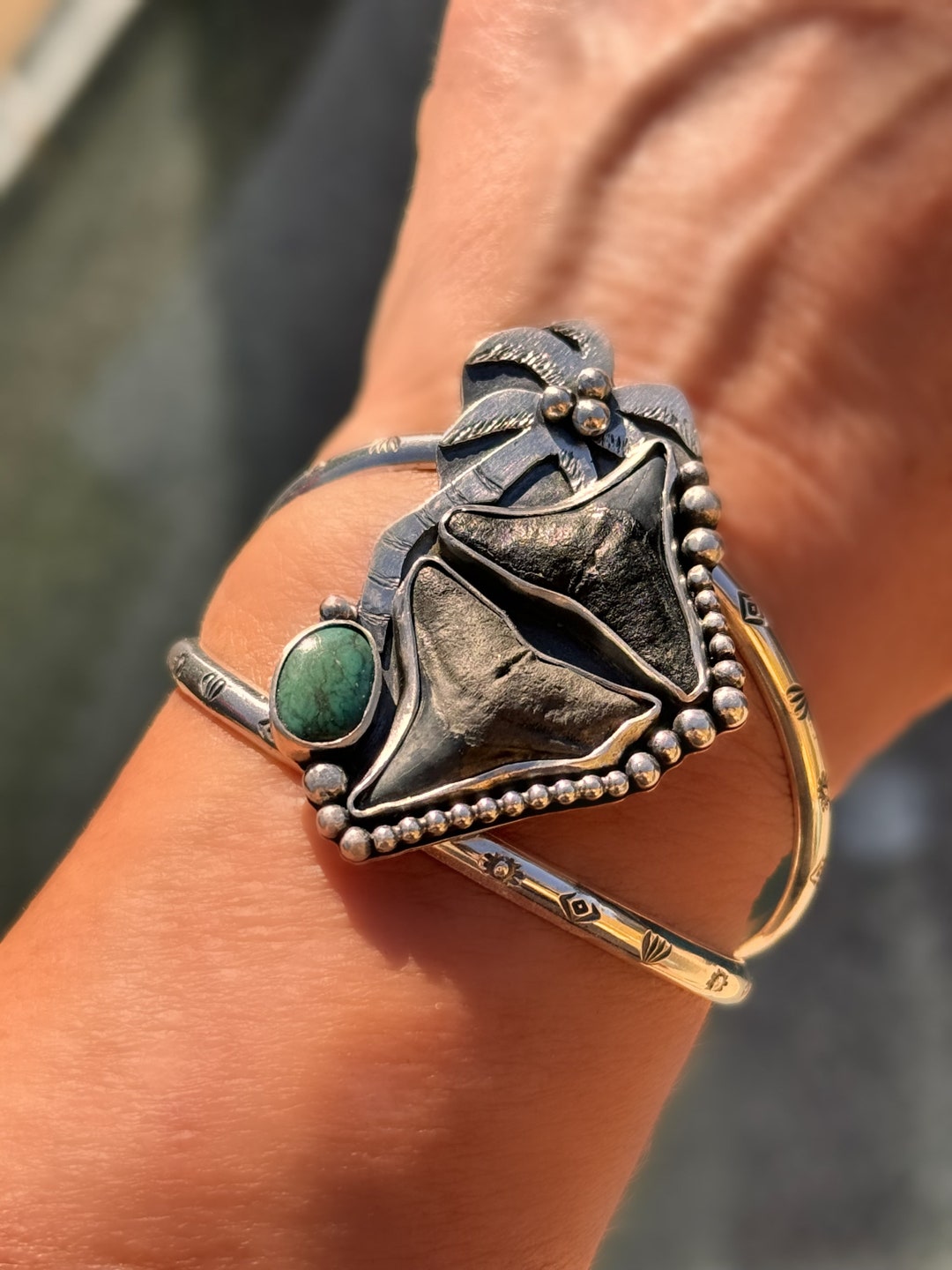 Turquoise & Fossilized Shark Tooth Cuff: Sterling Silver Beach Bracelet ...