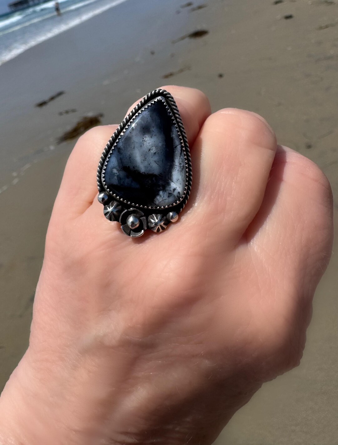 Handcrafted Dendritic Opal Ring: Sterling Silver Triple Shank Band ...