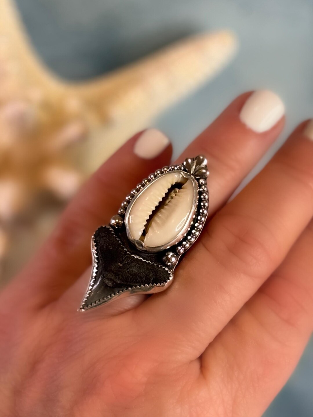 Ocean Goddess Ring | Original Shark Tooth & Cowrie Shell Statement Ring ...