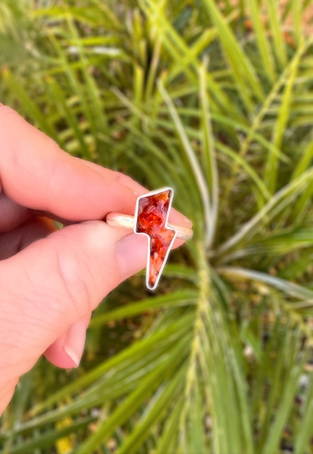 Fire Opal Lightning Bolt Handmade, One-of-a-kind Crushed Inlay Ring in ...