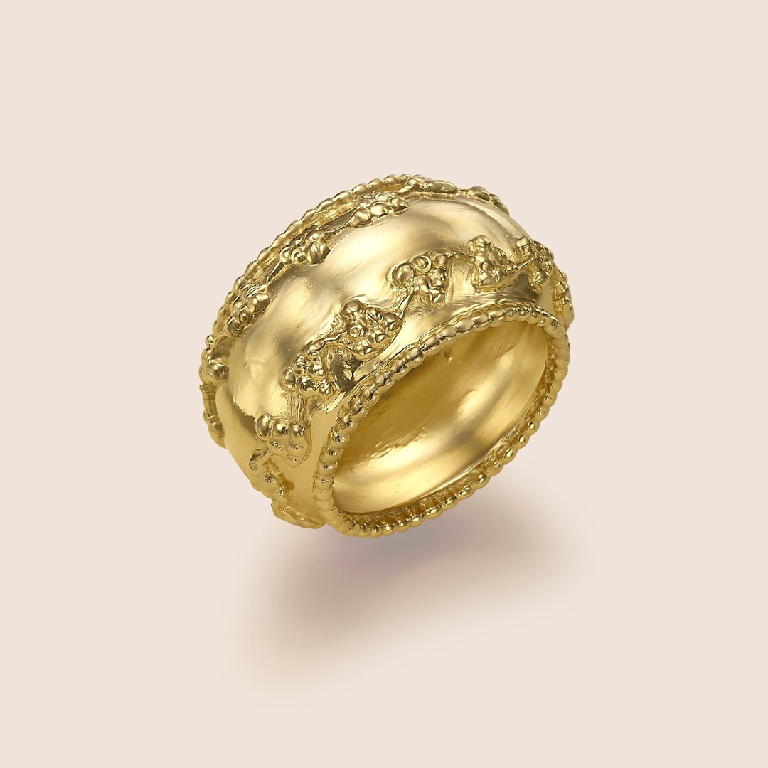 14K Gold Wide Wedding Ring, Gold Bombay Ring, Ring Decorated With Vines ...