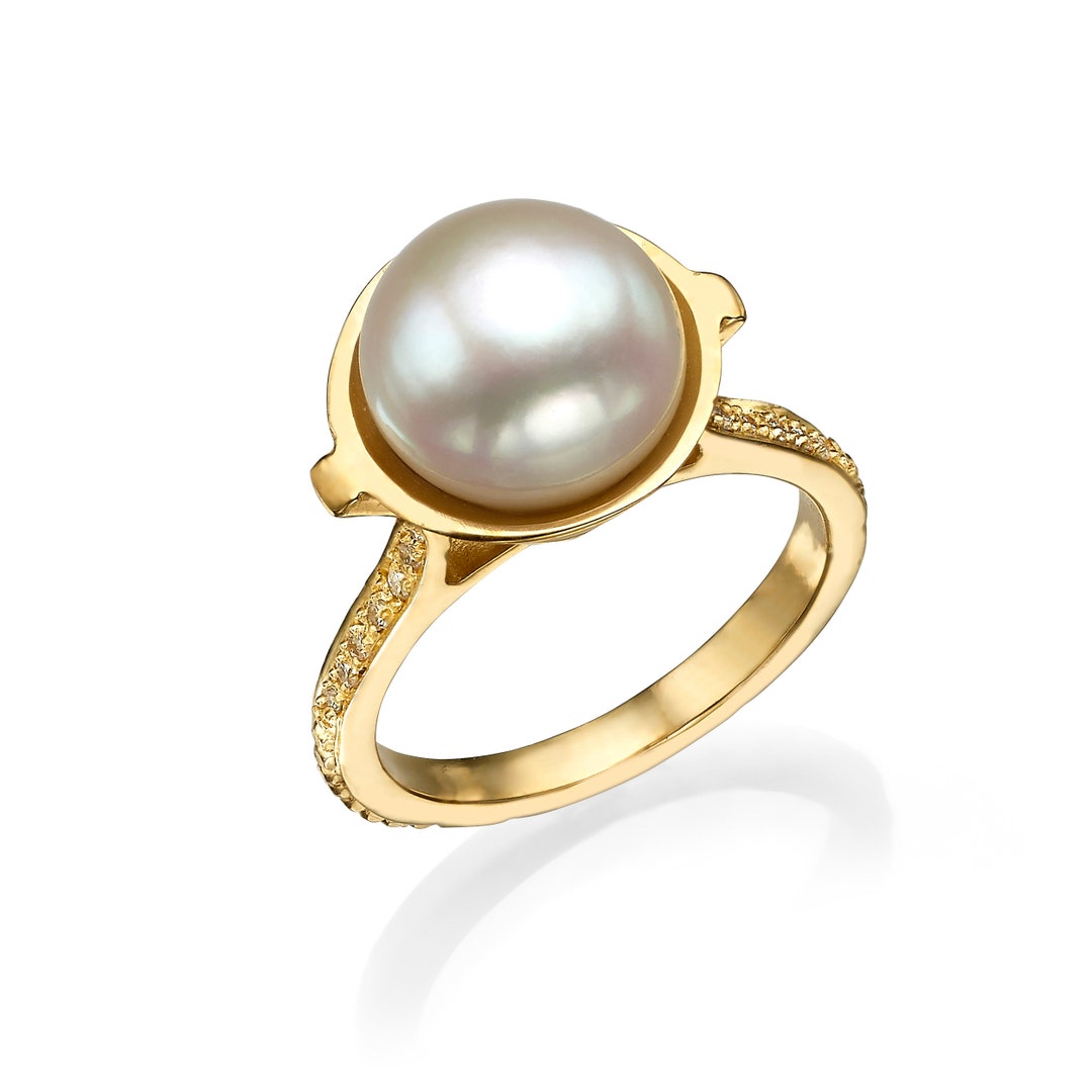 Genuine 9 Mm Freshwater White Pearl With Diamonds Ring, Set With 14K ...