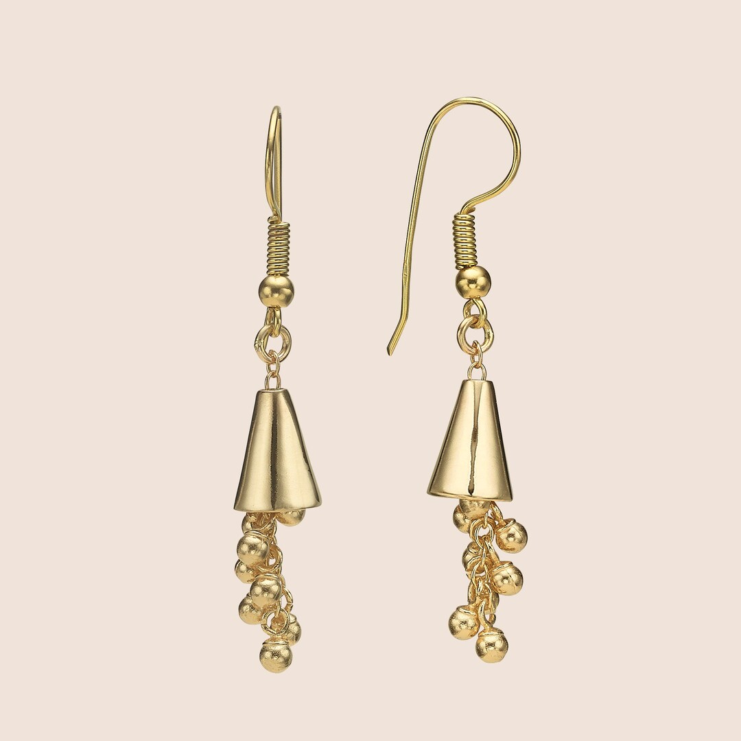 14K Solid Gold Cluster Earrings, Bell Earrings, Gold Dangle Earrings ...