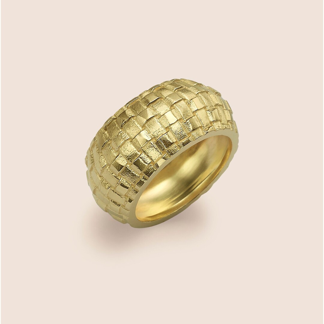 14K Solid Gold Textured Wedding Ring, Square Pattern Dome Ring, Wide ...
