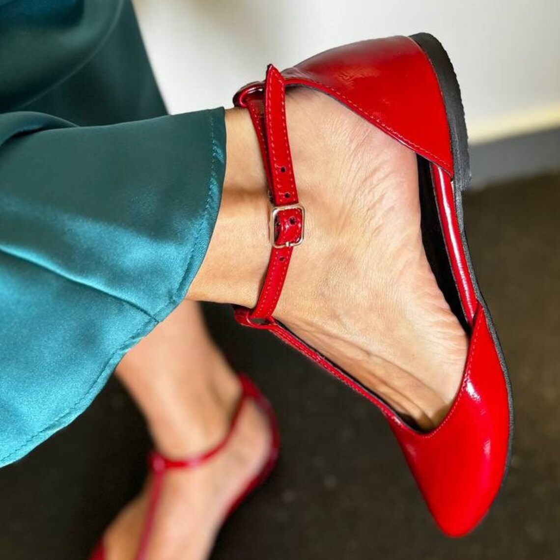 Leather Sandals Barefoot Sandals Red Ankle Strap T Strap Mary Jane Flat ...
