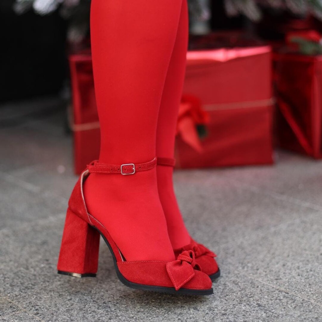 High Heels Red Genuine Leather Red Color Pumps Closed Toe Sandals ...