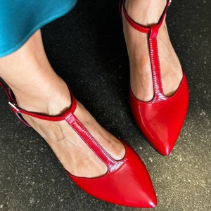 Leather Sandals Barefoot Sandals Red Ankle Strap T Strap Mary Jane Flat ...