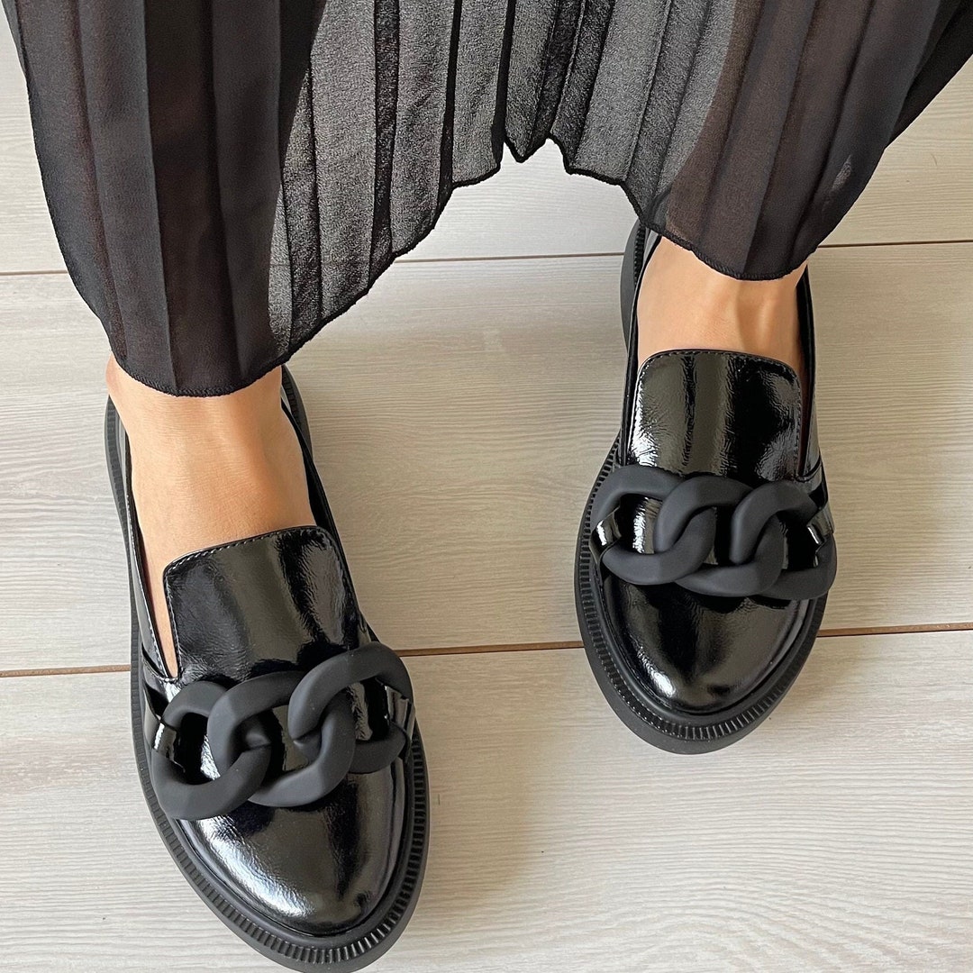 Leather Loafers Loaf Woman Penny Loafers Black Buckle Loafers Classic ...