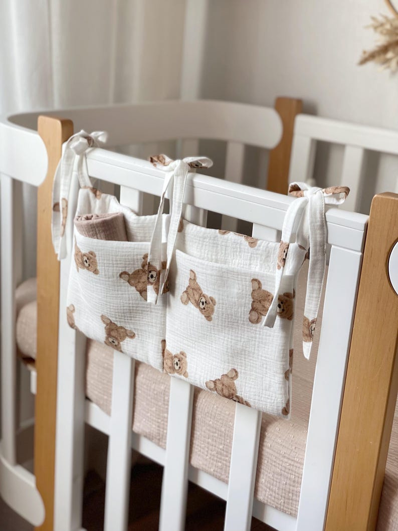 Muslin Crib Organizer Pocket, Baby Crib Storage, Neutral Nursery ...