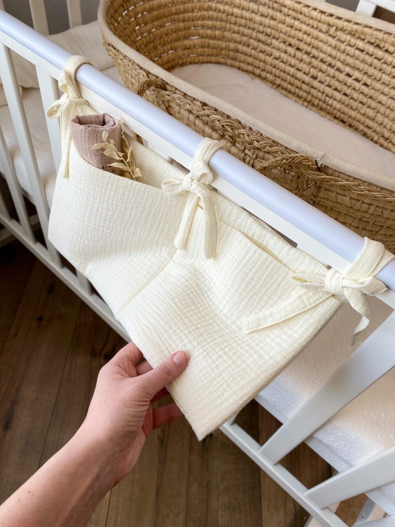 Muslin Crib Organizer Pocket, Baby Crib Storage, Neutral Nursery ...