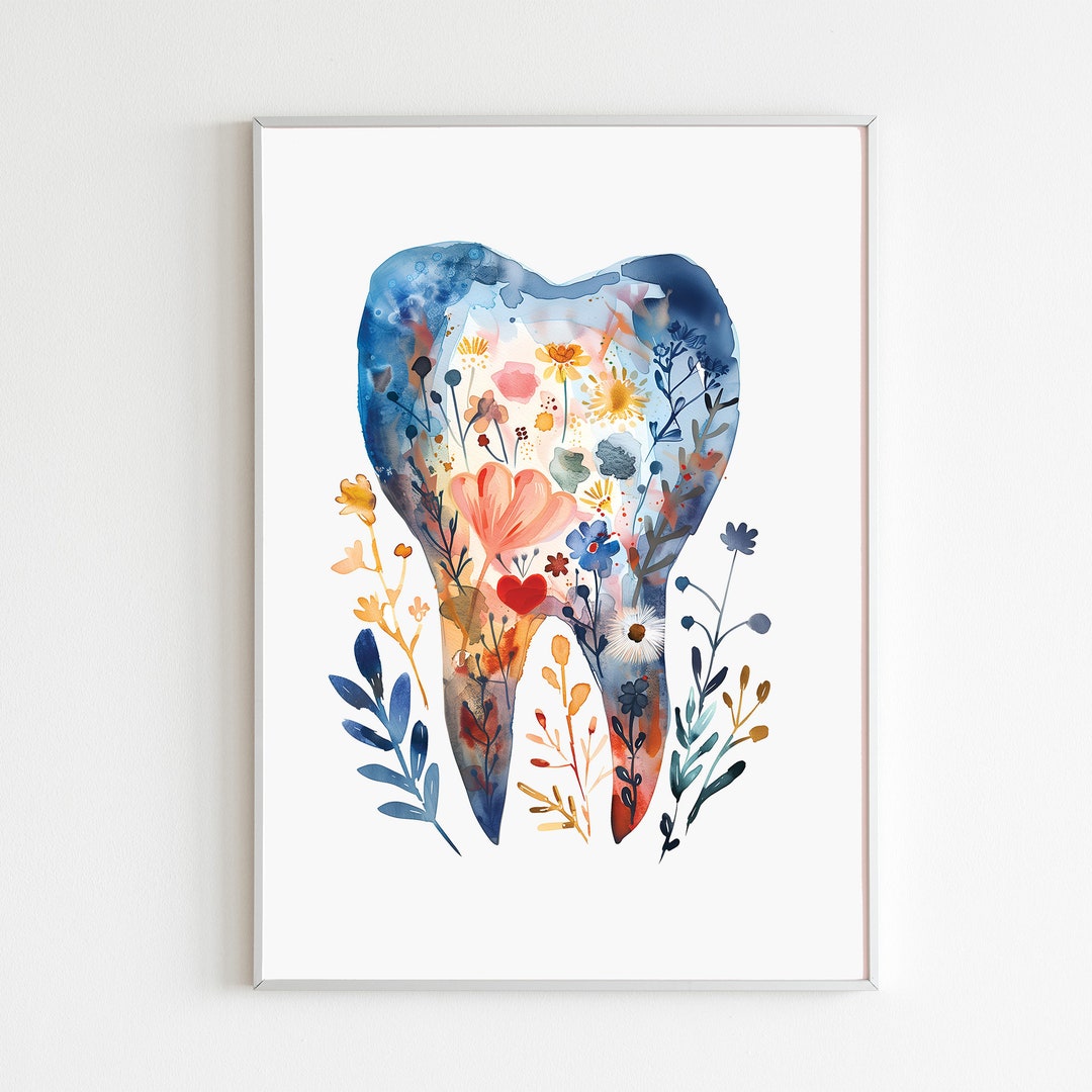 Floral Dental Art Printable, Watercolor Tooth Artwork, Oral Office ...