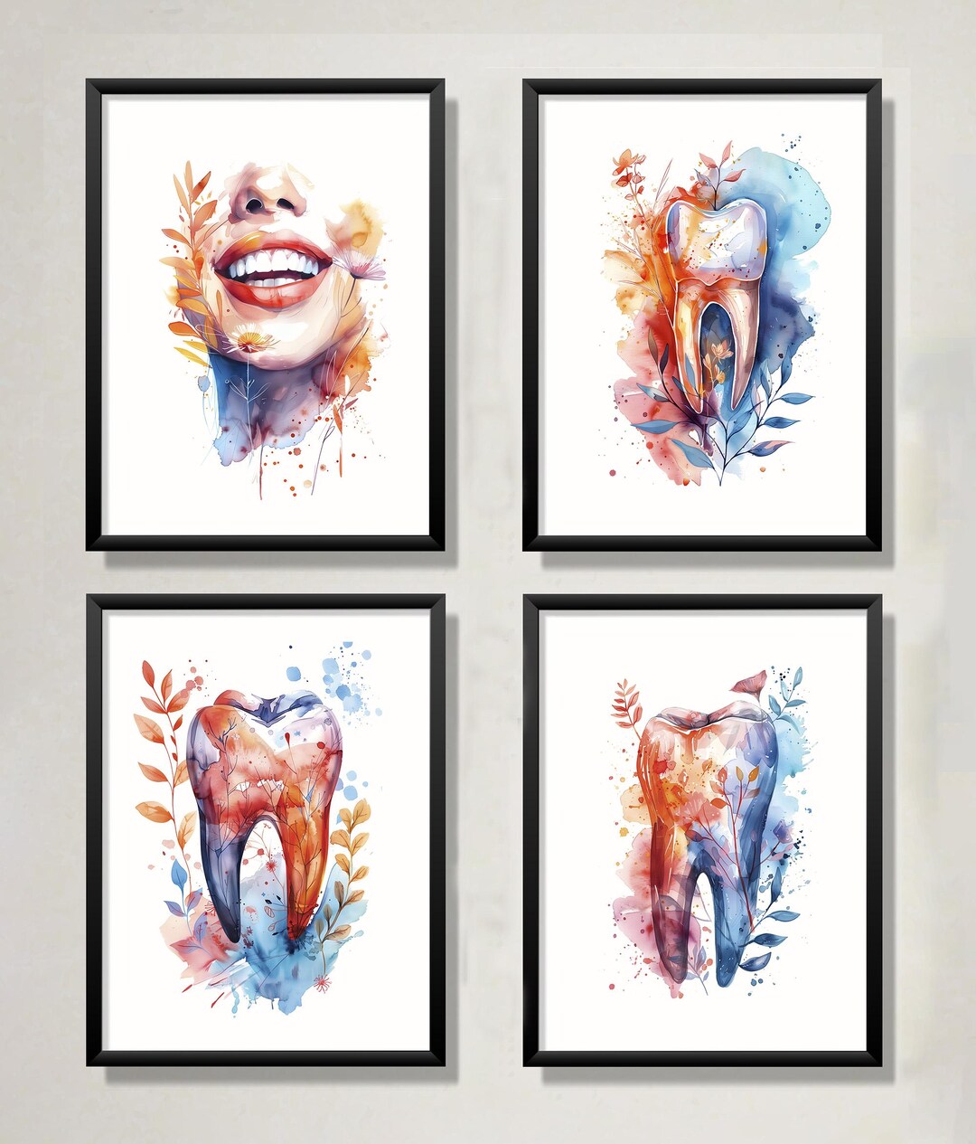 Dental Wall Art Set of 4 Prints, Watercolor Tooth Anatomy Print ...