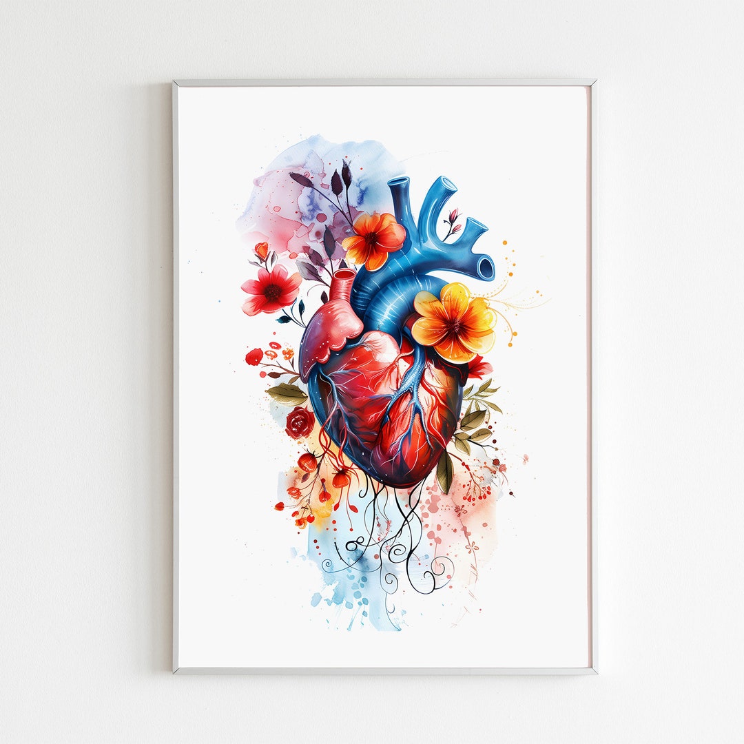 Anatomical Colorful Heart Art Print Floral Heart Wall Art Anatomy ...