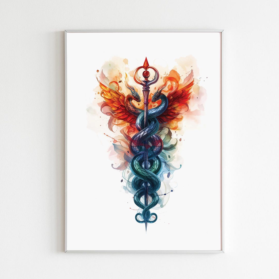 Floral Caduceus Wall Art Printable, Medical Watercolor Print, Rod of ...