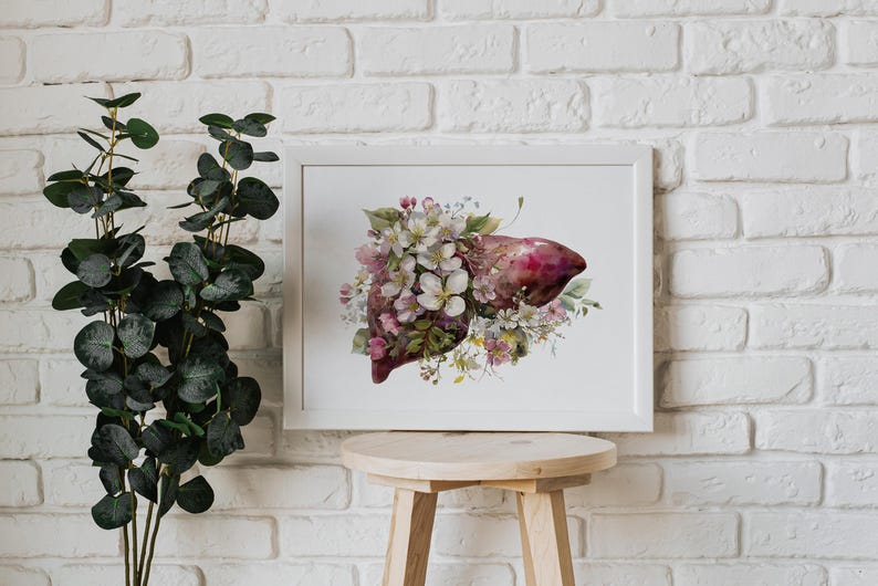 Liver Watercolor Art Print, Floral Anatomy Wall Illustration ...