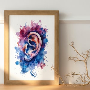 Ear Anatomy Art Print, Audiology Wall Art Colorful Human Ear Watercolor ...