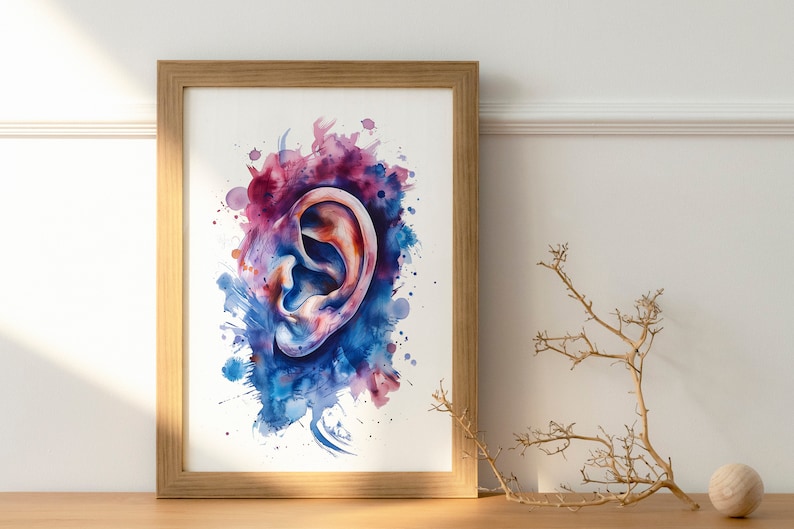 Ear Anatomy Art Print, Audiology Wall Art Colorful Human Ear Watercolor ...