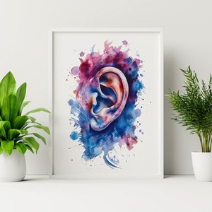 Ear Anatomy Art Print, Audiology Wall Art Colorful Human Ear Watercolor ...