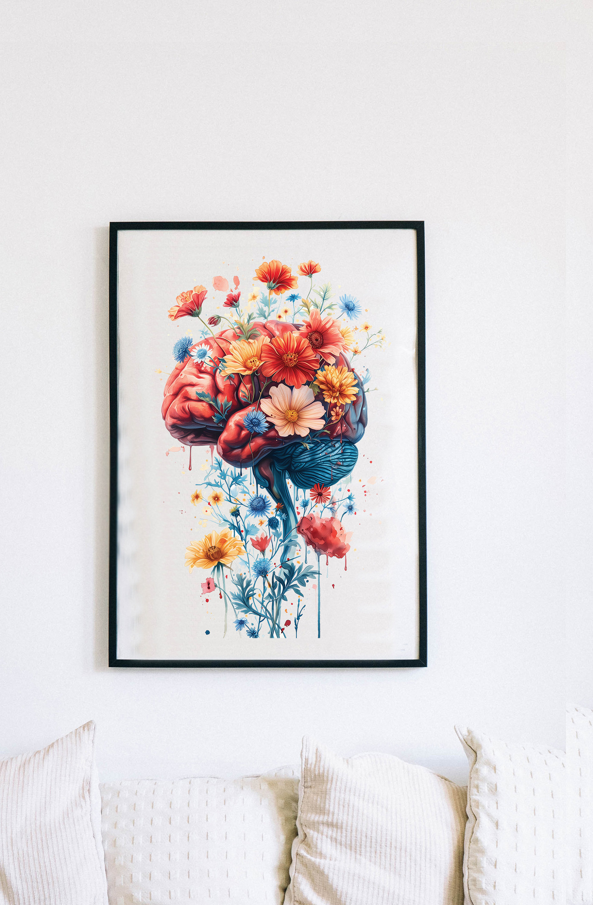 Brain Art Print, Watercolor Brain With Flowers Wall Art, Mental Health ...