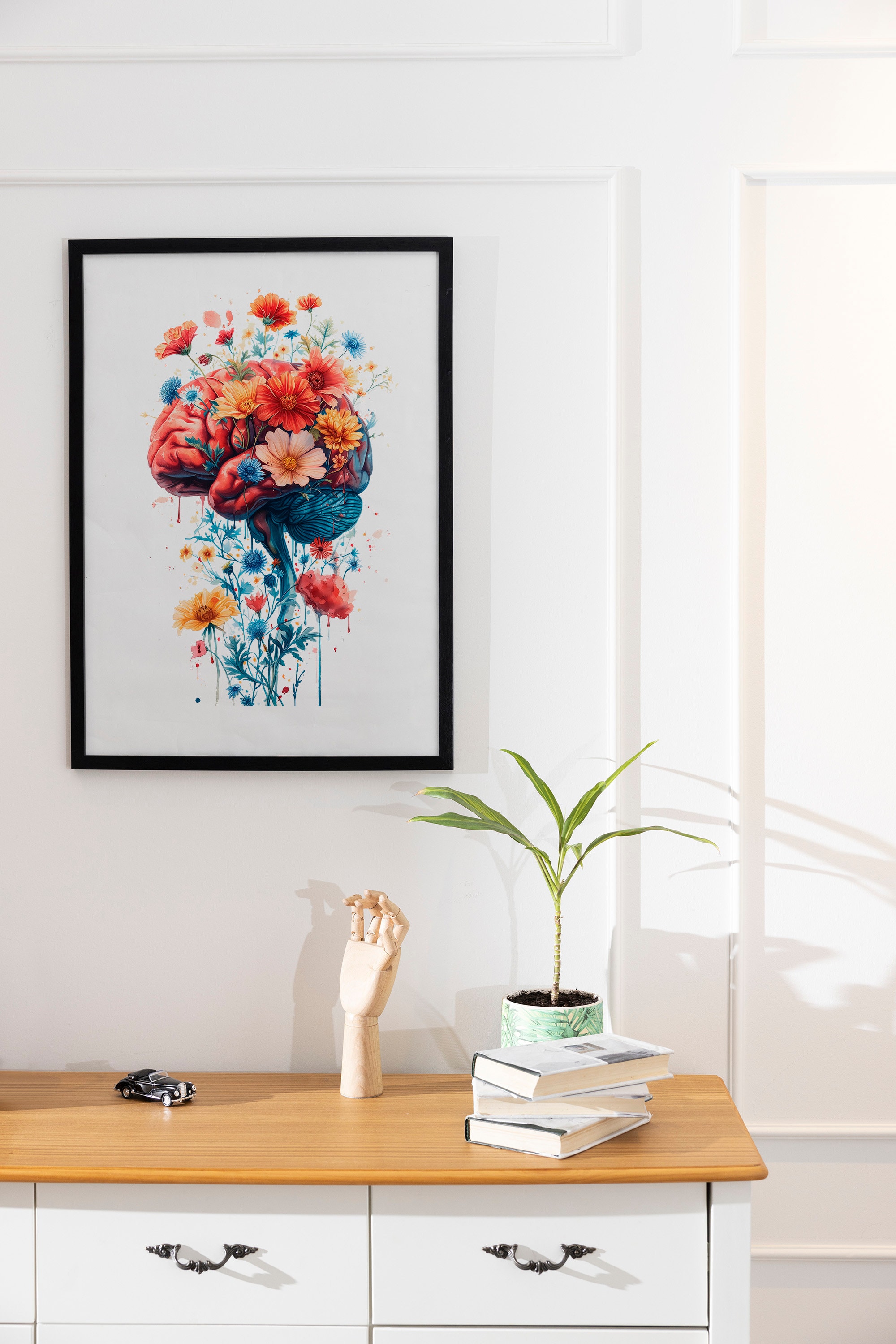 Brain Art Print, Watercolor Brain With Flowers Wall Art, Mental Health ...