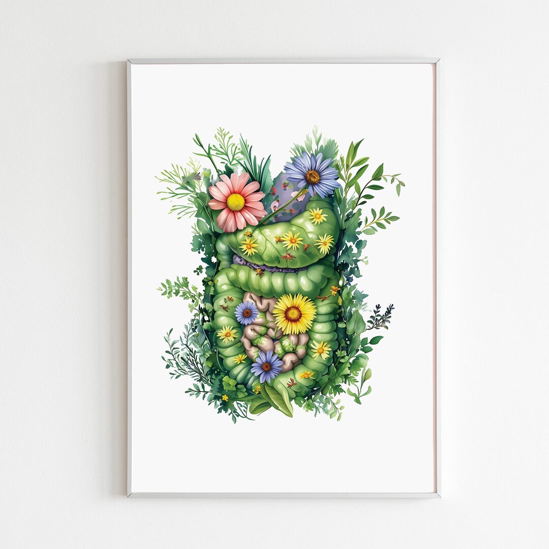 Digestive System Watercolor Art Print, Anatomical Gut Flowers Painting ...