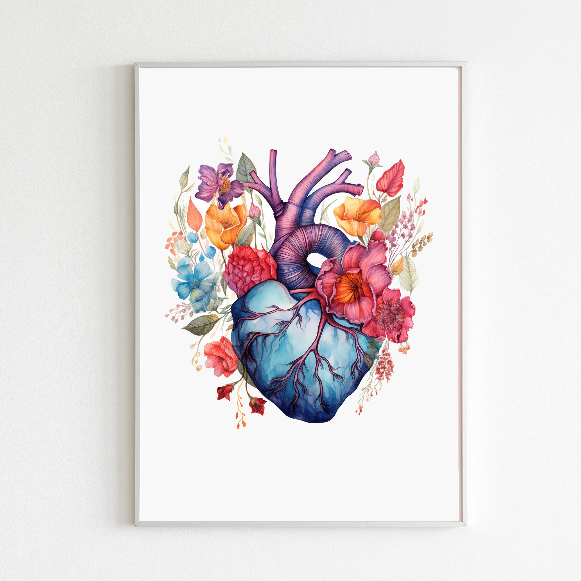 Heart Watercolor Art Print, Anatomical Heart Art With Flowers, Medical ...