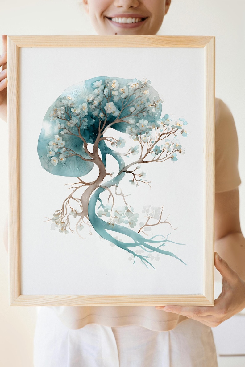 Impressão artística do baço, pintura anatômica floral em aquarela ...