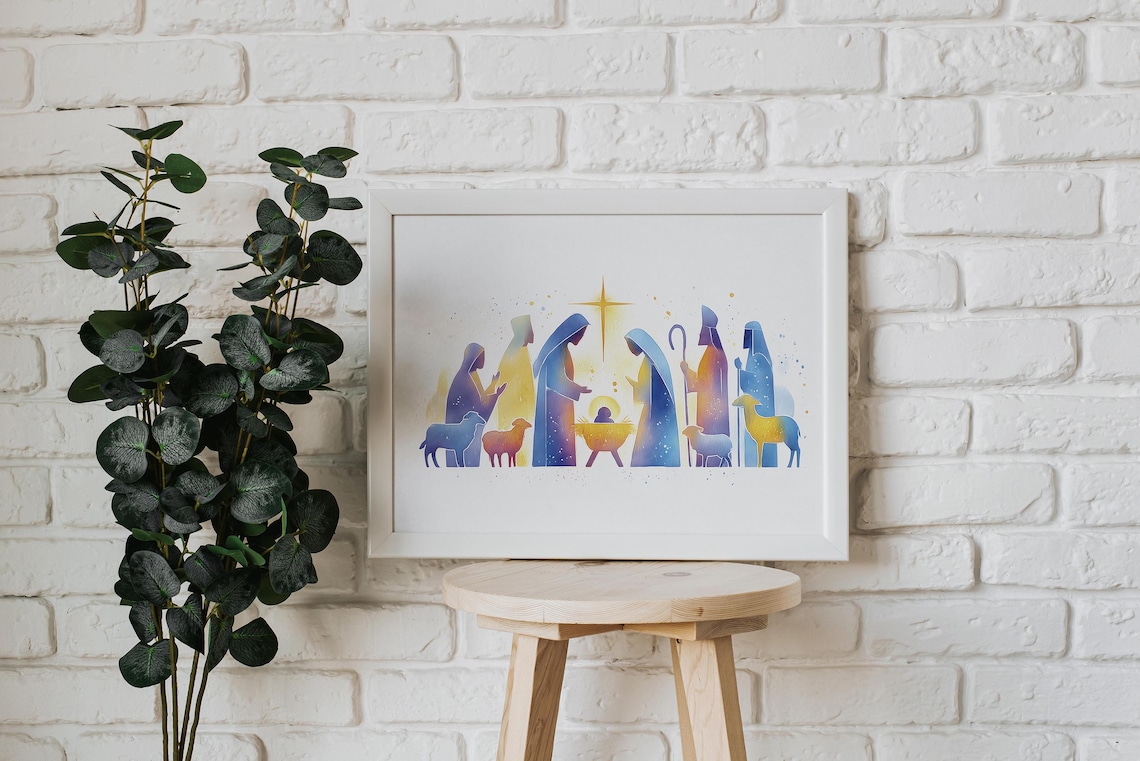 Manger Scene Watercolor Wall Art, Catholic Christmas Digital Print ...