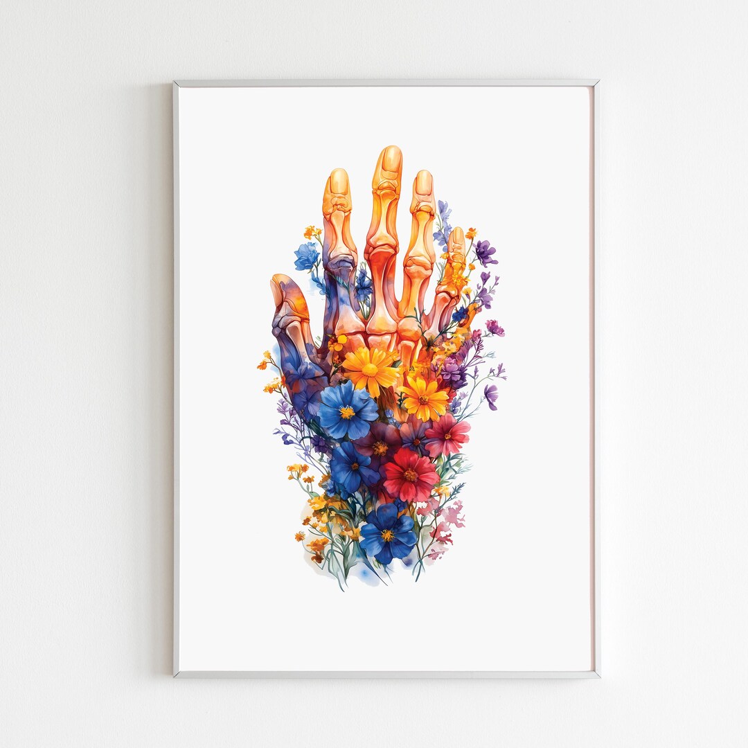 Hand Wall Art Print, Watercolor Floral Skeleton Artwork, Rheumatologist ...