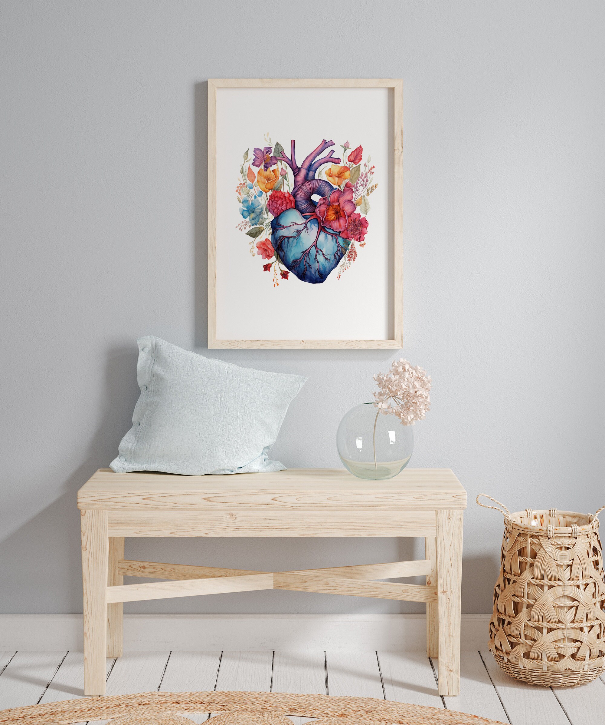Heart Watercolor Art Print, Anatomical Heart Art With Flowers, Medical ...