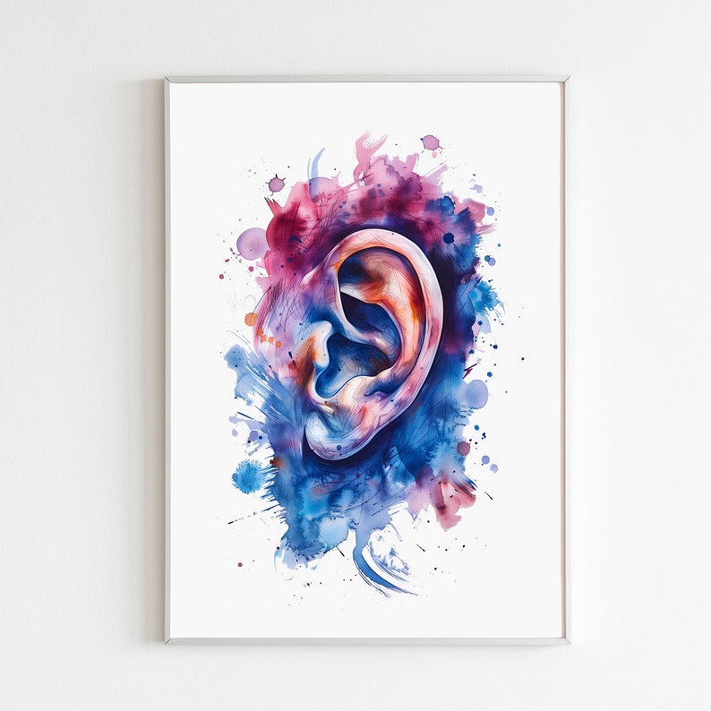 Ear Anatomy Art Print, Audiology Wall Art Colorful Human Ear Watercolor ...
